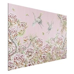 Alu Dibond Outdoor Bild - Aquarell St&ouml;rche im Flug mit Rosen auf Rosa - Tiere pastell Illustration Aquarell Rose Wohnzimmer Schlafzimmer