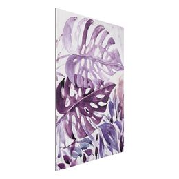 Bilderwelten Alu Dibond Outdoor Bild violett Tropisch Aquarell - Aquarell Tropische Bl&auml;tter mit Monstera in Aubergine - Pflanzen Wohnzimmer Schlafzimmer