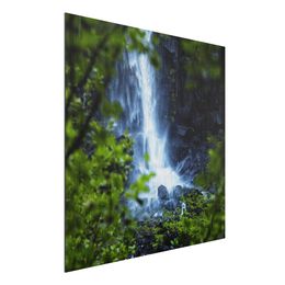 Bilderwelten Alu Dibond Outdoor Bild Natur gr&uuml;n Motiv wetterfest - Blick zum Wasserfall - Wasserfall Wohnzimmer Schlafzimmer