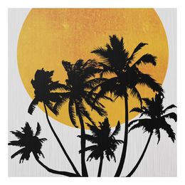 Bilderwelten Alu Dibond Outdoor Bild Natur gold Tropisch wetterfest - Palmen vor goldener Sonne - Sonnenuntergang Wohnzimmer Schlafzimmer