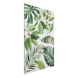 Alu Dibond Outdoor Bild - Aquarell Tropische Bl&auml;tter und Ranken - gr&uuml;n Tropisch Aquarell Pflanzen Wohnzimmer Schlafzimmer