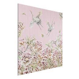 Bilderwelten Alu Dibond Outdoor Bild Tiere pastell Illustration Aquarell - Aquarell St&ouml;rche im Flug mit Rosen auf Rosa - Rose Wohnzimmer Schlafzimmer