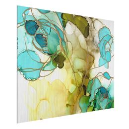 Bilderwelten Alu Dibond Outdoor Bild originell t&uuml;rkis Abstrakt Aquarell - Blumenfacetten in Aquarell - Deko Wohnzimmer Schlafzimmer
