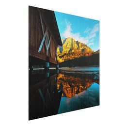 Alu Dibond Outdoor Bild - Bergspiegelung in den Dolomiten - Natur bunt Motiv wetterfest Berg Wohnzimmer Schlafzimmer