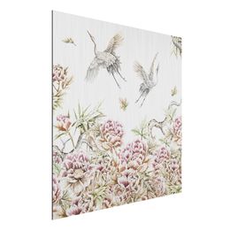 Bilderwelten Alu Dibond Outdoor Bild Tiere rosa Illustration Aquarell - Aquarell St&ouml;rche im Flug mit Rosen - Rose Wohnzimmer Schlafzimmer