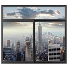 Bilderwelten Wandtattoo Stadt modern 3D-Effekt Wandaufkleber - Fenster Schwarz Sonnenaufgang in New York - Skylines Wohnzimmer Schlafzimmer