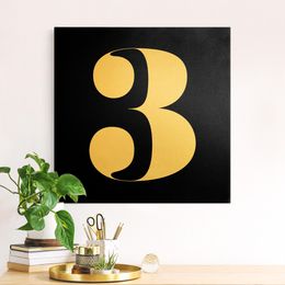 Bilderwelten Leinwandbild Gold Antiqua Zahl 3 - Wandbilder XXL Print Buchstaben & Zahlen Wohnzimmer Schlafzimmer Jugendzimmer Schwarz