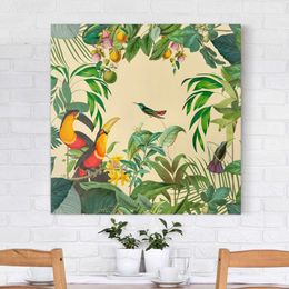 Bilderwelten Leinwandbild Tiere Vintage Kunstdruck bunt - Vintage Collage - V&ouml;gel im Dschungel - Retro XXL Wohnzimmer Schlafzimmer