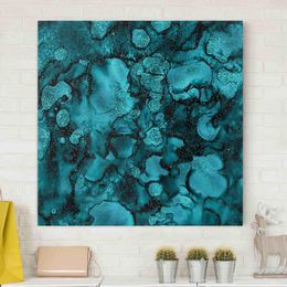 Bilderwelten Leinwandbild originell Abstrakt Kunstdruck t&uuml;rkis - T&uuml;rkise Tropfen mit Glitzer - Wandbild XXL Wohnzimmer Schlafzimmer
