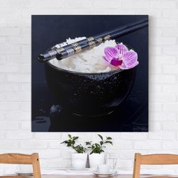 Bilderwelten Leinwandbild Kulinarisch Motiv Kunstdruck schwarz - Reisschale mit Orchidee - Orchidee XXL K&uuml;che