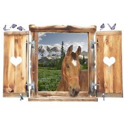 Bilderwelten Wandtattoo Tiere modern 3D-Effekt Wandaufkleber - Fenster mit Herz und Pferd Bergblick Wiesenpfad - Berg Wohnzimmer Schlafzimmer