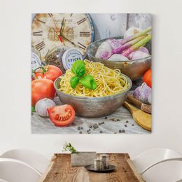 Bilderwelten Leinwandbild Kulinarisch Motiv Kunstdruck bunt - Spagetthischale mit Basilikum - Wandbild XXL K&uuml;che