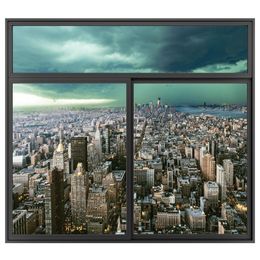Bilderwelten Wandtattoo Stadt modern 3D-Effekt Wandaufkleber - Fenster Schwarz Skyline New York im Gewitter - Skylines Wohnzimmer Schlafzimmer