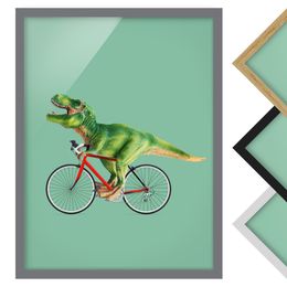 Bilderwelten Bild mit Rahmen - Hochformat Dinosaurier mit Fahrrad