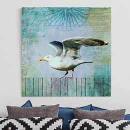 Bilderwelten Leinwandbild Tiere Vintage Kunstdruck blau - Vintage Collage - Seem&ouml;we auf Holzplanken - Retro XXL Wohnzimmer Schlafzimmer