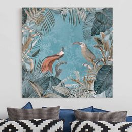 Bilderwelten Leinwandbild Tiere Vintage Kunstdruck petrol - Vintage Collage - Paradiesv&ouml;gel - Pflanzen XXL Wohnzimmer Schlafzimmer