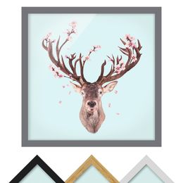 Bilderwelten Bild mit Rahmen - Quadrat Hirsch mit Kirschbl&uuml;ten