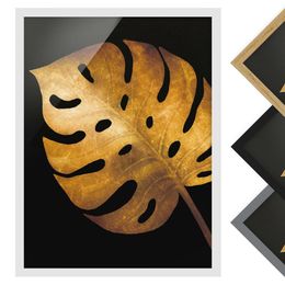 Bilderwelten Bild mit Rahmen - Hochformat Gold - Monstera auf Schwarz