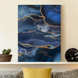Bilderwelten Leinwandbild Abstrakt Kunstdruck blau - Goldene Glitzer Wellen vor Blau - Wandbild XXL Wohnzimmer Schlafzimmer