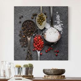 Bilderwelten Leinwandbild Kulinarisch Motiv Kunstdruck grau - Gew&uuml;rze in Antikl&ouml;ffeln - Gew&uuml;rze & Kr&auml;uter XXL K&uuml;che