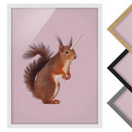 Bilderwelten Bild mit Rahmen Tiere rosa Fotomontage inkl. Rahmung - Einh&ouml;rnchen - Fantasietier Jugendzimmer