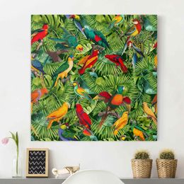 Bilderwelten Leinwandbild Tiere Tropisch Kunstdruck bunt - Bunte Collage - Papageien im Dschungel - Pflanzen XXL Wohnzimmer Schlafzimmer