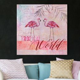 Bilderwelten Leinwandbild Tiere Vintage Kunstdruck pink - Vintage Collage - Tropical World Flamingos - Retro XXL Wohnzimmer Schlafzimmer