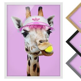Bilderwelten Bild mit Rahmen Tiere pink Fotomontage inkl. Rahmung - Giraffe beim Tennis - Giraffen Jugendzimmer
