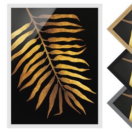 Bilderwelten Bild mit Rahmen - Hochformat Gold - Palmenblatt II auf Schwarz