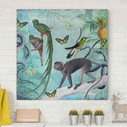 Bilderwelten Leinwandbild Tiere Tropisch Kunstdruck gr&uuml;n - Colonial Style Collage - &Auml;ffchen und Paradiesv&ouml;gel - Affe XXL Wohnzimmer Schlafzimmer