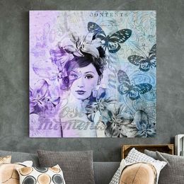Bilderwelten Leinwandbild Tiere Vintage Kunstdruck violett - Shabby Chic Collage - Portrait mit Schmetterlingen - Retro XXL Wohnzimmer Schlafzimmer