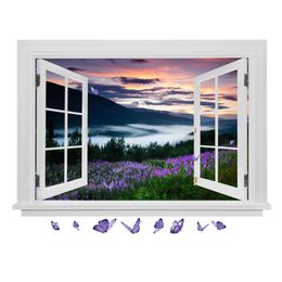 Bilderwelten Wandtattoo Blumen modern 3D-Effekt Wandaufkleber - Offenes Fenster Paradiesisches Tal in Norwegen - Blumenwiese Wohnzimmer Schlafzimmer
