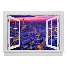3D Wandtattoo Offenes Fenster Paris bei Nacht Fenster Wandsticker 3D-Optik Wandaufkleber Fenster Ausblick in S-XXL 3D-Effekt
