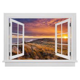 Bilderwelten Wandtattoo Strand modern 3D-Effekt Wandaufkleber - Offenes Fenster Sonnenaufgang am Strand auf Sylt - Sonnenuntergang Wohnzimmer Schlafzimmer