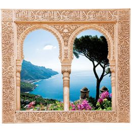 3D Wandtattoo Verziertes Fenster Ausblick vom Garten aufs Meer Fenster Wandsticker 3D-Optik Wandaufkleber Fenster Aussicht in S-XXL 3D-Effekt