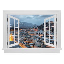 Bilderwelten Wandtattoo Stadt modern 3D-Effekt Wandaufkleber - Offenes Fenster Verschneites Salzburg - Skylines Wohnzimmer Schlafzimmer