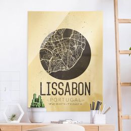 Bilderwelten Glasbild Spr&uuml;che modern grau Glas Wandbild - Stadtplan Lissabon - Retro - Karten Wohnzimmer Schlafzimmer