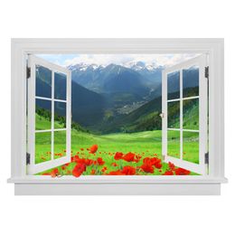 3D Wandtattoo Offenes Fenster Alpenwiese und Mohn Fenster Wandsticker 3D-Optik Wandaufkleber Fenster Ausblick in S-XXL 3D-Effekt