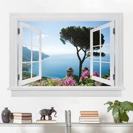 Bilderwelten Wandtattoo Strand modern 3D-Effekt Wandaufkleber - Offenes Fenster Ausblick vom Garten aufs Meer - Meerblick Wohnzimmer Schlafzimmer