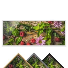 Bilderwelten Bild mit Rahmen - Panorama Blumen Himbeeren Minze
