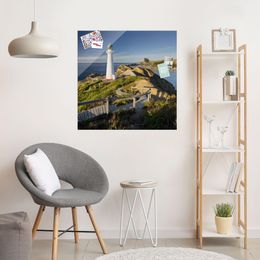 Bilderwelten Glasbild Strand modern blau Glas Wandbild - Castle Point Leuchtturm Neuseeland - Leuchtturm Wohnzimmer Schlafzimmer