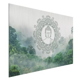 Bilderwelten Alu Dibond Outdoor Bild Spirituell gr&uuml;n Orientalisch wetterfest - Buddha Mandala im Nebel - Asia Wohnzimmer Schlafzimmer