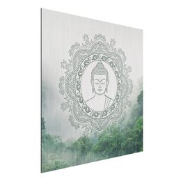 Bilderwelten Alu Dibond Outdoor Bild Spirituell gr&uuml;n Orientalisch wetterfest - Buddha Mandala im Nebel - Asia Wohnzimmer Schlafzimmer