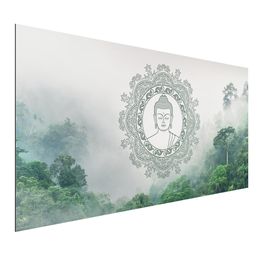 Bilderwelten Alu Dibond Outdoor Bild Spirituell gr&uuml;n Orientalisch wetterfest - Buddha Mandala im Nebel - Asia Wohnzimmer Schlafzimmer