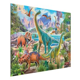 Bilderwelten Alu Dibond Outdoor Bild Tiere bunt Illustration wetterfest - Brachiosaurus und Tricaterops - Dinosaurier Kinderzimmer Baby M&auml;dchen Jungen