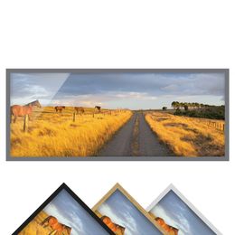 Bilderwelten Bild mit Rahmen - Panorama Feldstra&szlig;e und Pferde bei Abendsonne