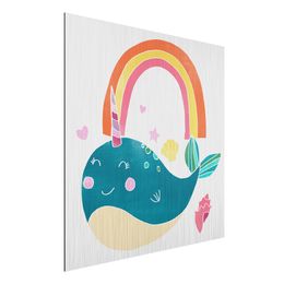 Bilderwelten Alu Dibond Outdoor Bild Tiere bunt Illustration Aquarell - Fr&ouml;hlicher Narwal I - Regenbogen Kinderzimmer Baby M&auml;dchen Jungen