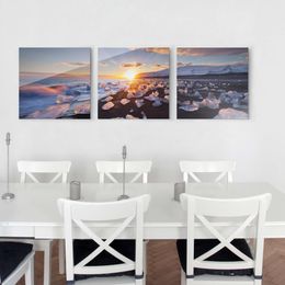 Bilderwelten Glasbild Strand Motiv blau Glas Wandbild - Eisbrocken am Strand Island - Sonnenuntergang Wohnzimmer Schlafzimmer