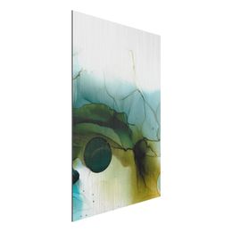 Alu Dibond Outdoor Bild - Goldener Waldspaziergang - originell petrol Abstrakt Aquarell Deko Wohnzimmer Schlafzimmer