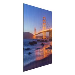 Bilderwelten Alu Dibond Outdoor Bild Stadt orange Motiv wetterfest - Golden Gate Bridge am Abend - Architektur Wohnzimmer Schlafzimmer